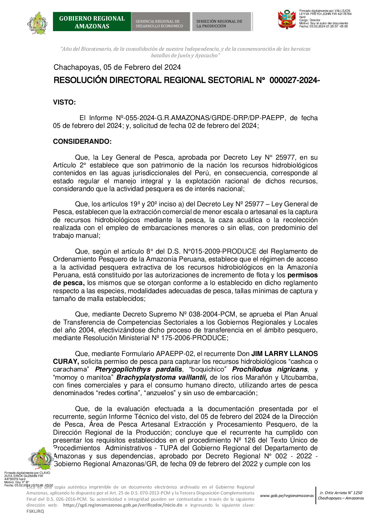 RESOLUCION DIRECTORAL REGIONAL SECTORIAL N° 00027-2024-GRDE-DRP | SINIA